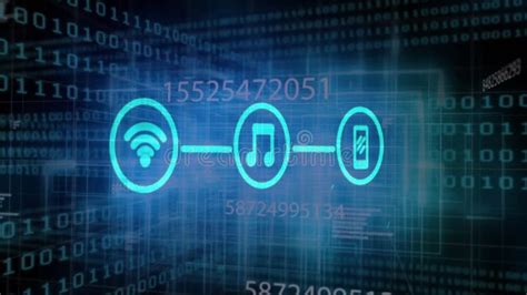 Animation Of Icons With Connections Over Binary Coding Digital Data Processing On Dark