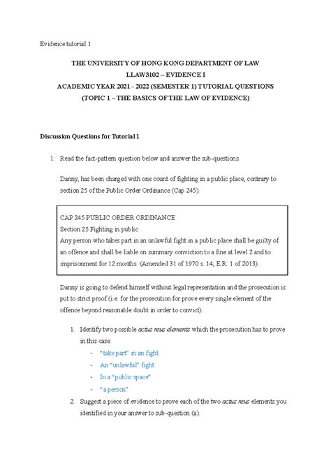 Evidence Tut1 Tutorial 1 Evidence Tutorial 1 The University Of Hong Kong Department Of Law