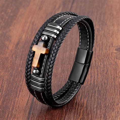 Badu Bg Кръст от естествен камък Мъжка гривна Многослойна тъкана кожена връв Гривни с тигрово