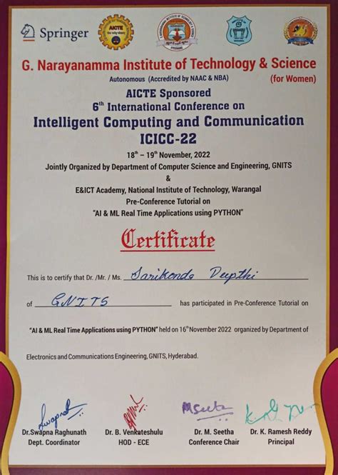 Sarikonda Deepthi On Linkedin Springer Gnits Icicc Nitwarangal Aicte Aiml
