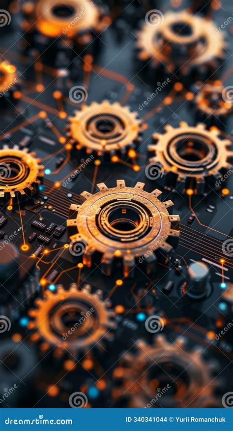Close Up Of Interlocking Gears And Advanced Circuitry Illustrating Technology And Business
