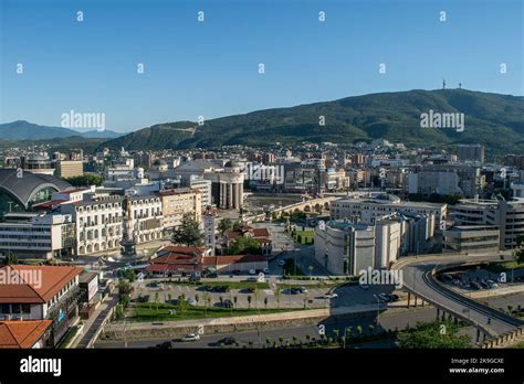 An Elevated Landscape View Of The City Of Skopje Capital Of North