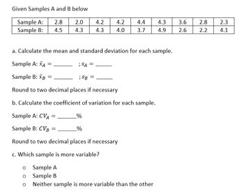 Answered Given Samples A And B Below Sample A 2 8 2 0 Sample B 4 5 4 3 O O A Calculate The