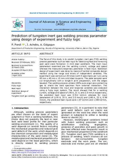 Pdf Prediction Of Tungsten Insert Gas Welding Process Parameter Using Design Of Experiment And
