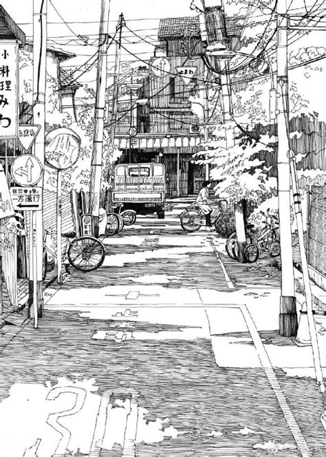 线稿 日本街道场景描绘手绘 建筑手绘超话 花瓣网
