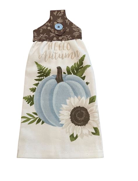 Fall Handmade Hanging Dishtowel Hello Autumn Blue Pumpkin White Towel