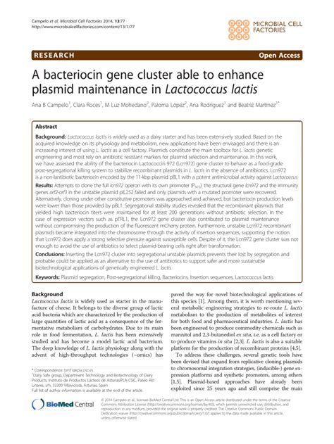Pdf A Bacteriocin Gene Cluster Able To Enhance Plasmid Maintenance In Lactococcus Lactis