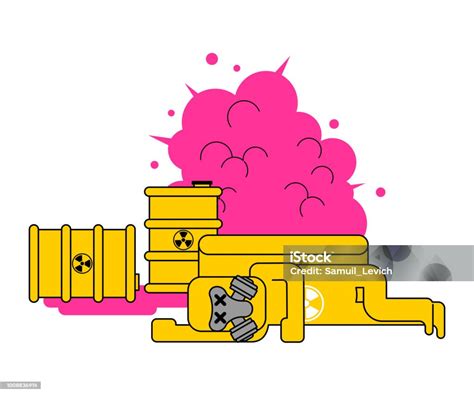 방사성 폐기물의 폭발입니다 노란 바레 독성입니다 죽은 노란색 옷 화학 생물 보호 의상 방사능 및 생물 학적 위험입니다 벡터 일러스트 레이 션 과학자에 대한 스톡 벡터 아트