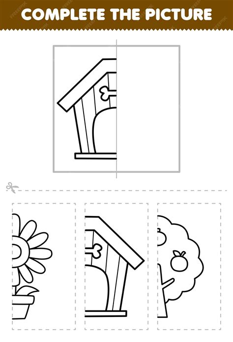 어린이를 위한 교육 게임은 인쇄 가능한 농장 워크시트를 색칠하기 위한 귀여운 만화 개집 절반 개요의 그림을 자르고 완성합니다 프리미엄 벡터