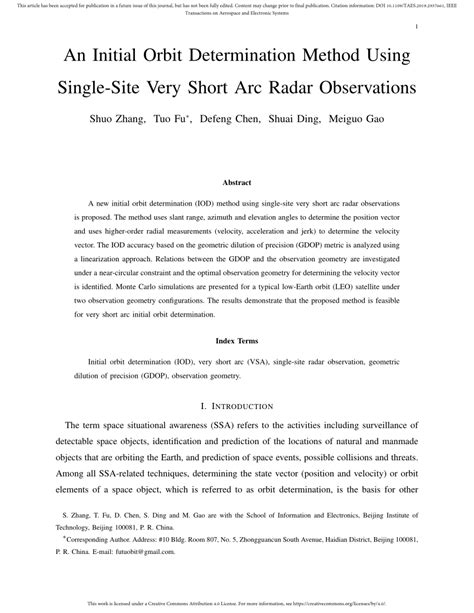 Pdf An Initial Orbit Determination Method Using Single Site Very Short Arc Radar Observations