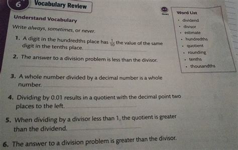 Solved 6 Vocabulary Review Glossary Word List Understand Vocabulary Dividend Divisor Write A Math