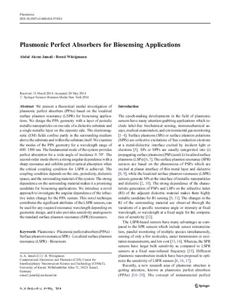 Pdf Plasmonic Perfect Absorbers For Biosensing Applications Abdul