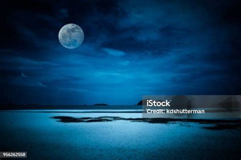 하늘에 보름달 밤에 바다에서의 풍경입니다 세레 자연 배경입니다 0명에 대한 스톡 사진 및 기타 이미지 0명 경관 경외감 Istock