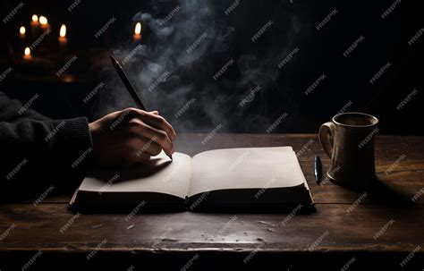 Premium Ai Image A Mans Hand Is Visible In A Fog While He Is Writing In A Notebook Scene Is