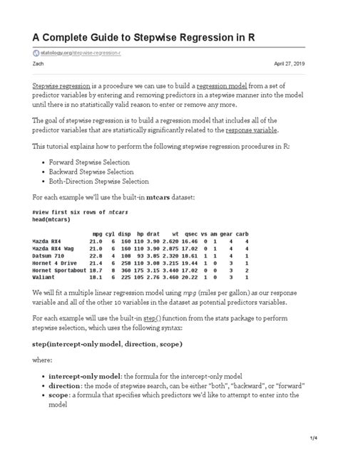 2021 A Complete Guide To Stepwise Regression In R Pdf Regression Analysis Dependent And