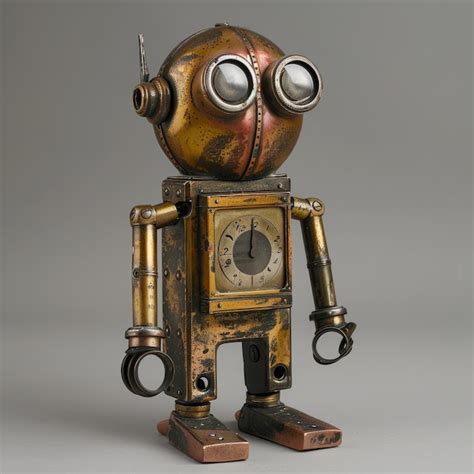 Premium Photo A Small Robot Made Of Metal With A Clock Face And Hands