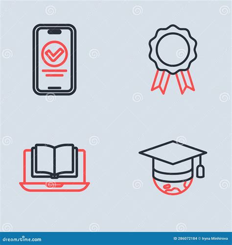 Set Line Online Education With Diploma Class Graduation Cap Globe And Quiz Test Survey Icon