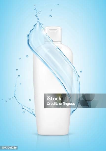 벡터 일러스트 레이 션 크림 로션 화장품 우유 우유 스플래시와 파란색 배경에 흰색 병에 손과 얼굴에 대 한 3차원 형태에 대한 스톡 벡터 아트 및 기타 이미지 Istock