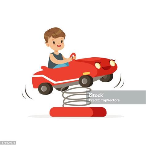 빨간 플라스틱 락 유치원 또는 공공 공원에서 자동차에 재미 귀여운 작은 소년 여름 야외 활동입니다 플랫 스타일의 만화 아이 캐릭터 공원에 대한 스톡 벡터 아트 및 기타