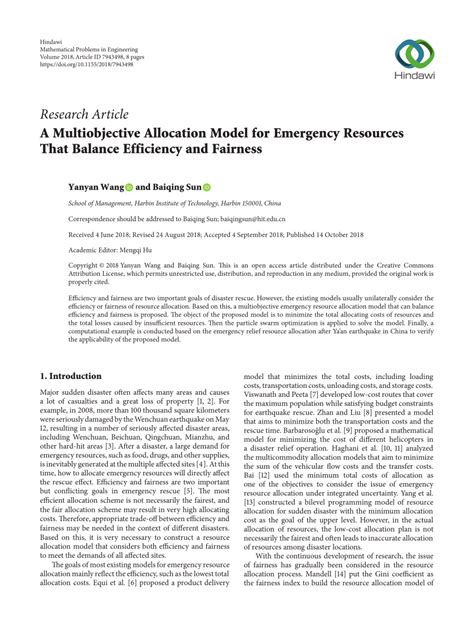 Pdf A Multiobjective Allocation Model For Emergency Resources That Balance Efficiency And Fairness