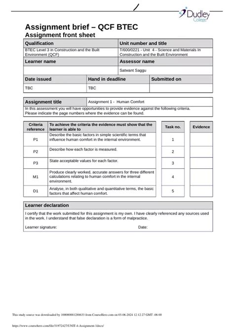 Unit 4 Assignment 1 Qcf Btec Questions With Complete Solution 2024 Nment Brief Qcf Btec
