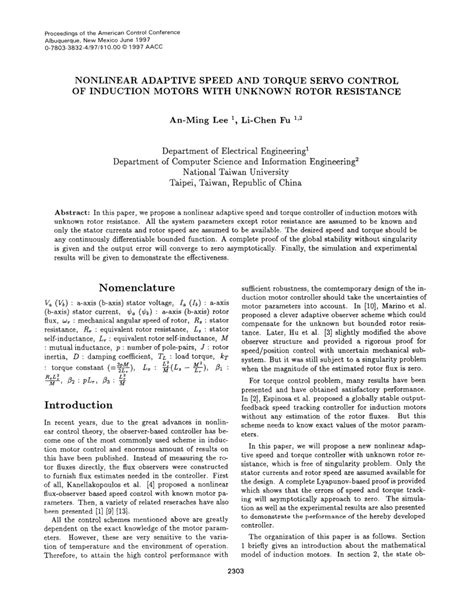 Pdf Nonlinear Adaptive Speed And Torque Control Of Induction Motors With Unknown Rotor Resistance