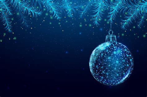 와이어 프레임 크리스마스 공과 크리스마스 트리 가지 낮은 폴리 스타일 새해 배너 파란색 배경에 추상적인 현대 3d 벡터 일러스트레이션 로우 폴리곤 모델링에 대한 스톡 벡터