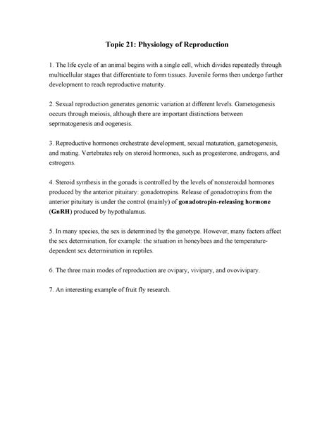 Topic 21 Handout These Notes Cover The Physiology Of Reproduction Topic 21 Physiology Of