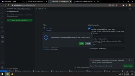 The Web Vscode Editor Won T Authenticate And It Doesn T Allow To Click Anything Else On Screen