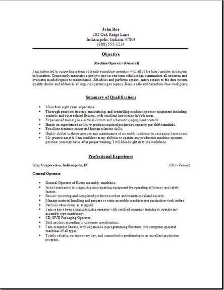Machine Operator Resume Sample Machine Operator Resume Occupational Examples Samples