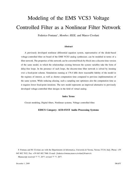 pdf modeling of the ems vcs3 voltage controlled filter as a nonlinear filter network
