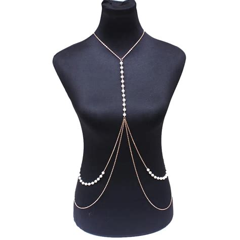 Women Body Chain Sexy Silver Gold Beach Bikini Back Body Waist Chain Imitation Pearls Back Bib