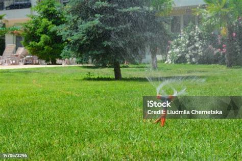 공원에서 푸른 잔디에 물을 뿌리는 자동 스프링클러 관개 시스템 0명에 대한 스톡 사진 및 기타 이미지 0명 계절 관개
