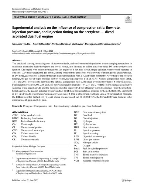 Pdf Experimental Analysis On The Influence Of Compression Ratio Flow Rate Injection Pressure