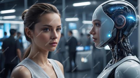 Premium Photo Woman Opposite Robot The Concept Of Confrontation Between Humanity And