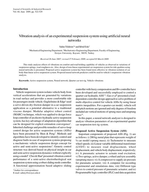 Pdf Vibration Analysis Of An Experimental Suspension System Using Artificial Neural Networks