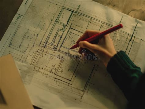 Detailed Architectural Blueprint Layout With Hand Using Red Pen For Design Drafting And