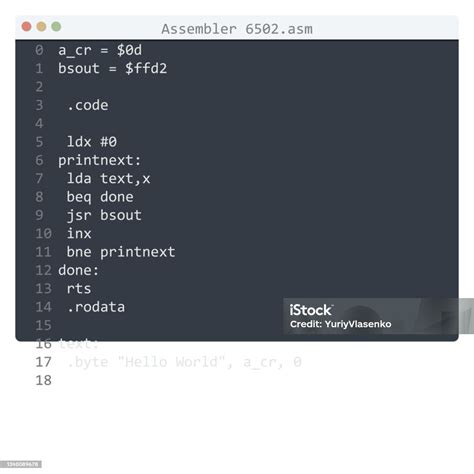 assembler 6502 language hello world program sample in editor window