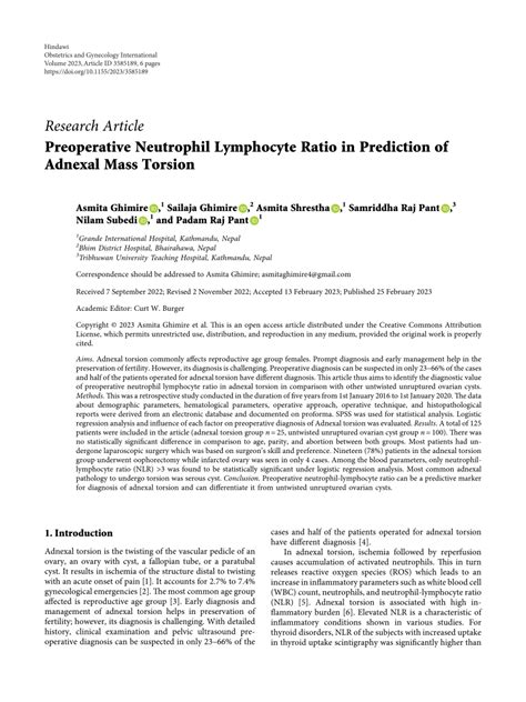 Pdf Preoperative Neutrophil Lymphocyte Ratio In Prediction Of Adnexal Mass Torsion