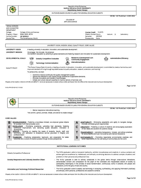 Obe Syllabus Ge World Sem 2 2023 2024 Pdf Globalization Learning