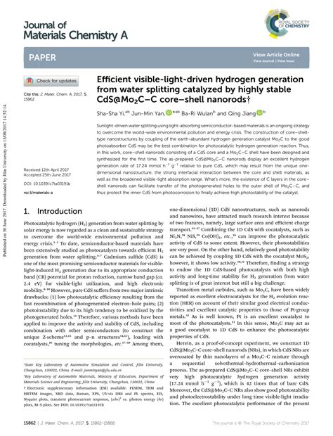 Pdf Efficient Visible Light Driven Hydrogen Generation From Water