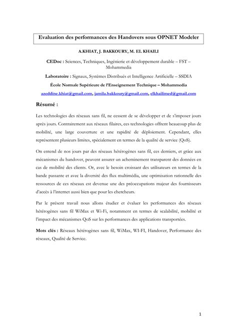 Pdf Evaluation Des Performances Des Handovers Sous Opnet Modeler