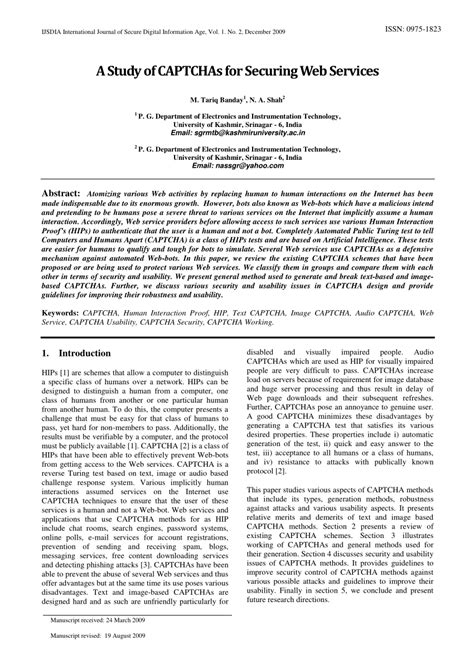 PDF A Study Of CAPTCHAs For Securing Web Services
