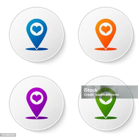 흰색 배경에 고립 된 심장 아이콘으로 색상 지도 포인터 원 버튼의 색상 아이콘을 설정 합니다 벡터 일러스트 개념에 대한 스톡