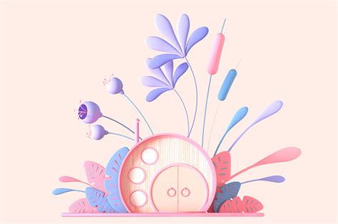 환상적인 양식에 일치시키는 식물 나무 허브 3d 일러스트의 배경에 파스텔 색상의 추상 만화 동화 작은 아늑한 집 기이함에 대한 스톡 사진 및 기타 이미지 Istock