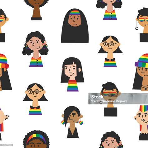 다양한 인종 피부색 및 헤어 스타일의 여성 Lgbt 얼굴 소녀의 힘과 자부심 개념 여성 다양성과 평등 평면 벡터 원활한 패턴과 배경 다양성에 대한 스톡 벡터 아트 및 기타