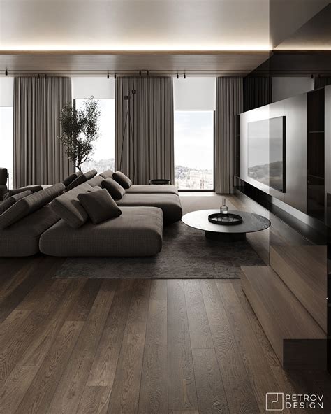 Минималистичный теплый интерьер просторной гостиной в 4 этажном доме в Марбелье Испания общей