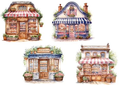 Watercolor Bakery Shop Clipart Cafe Illustrations Png Bundle Etsy