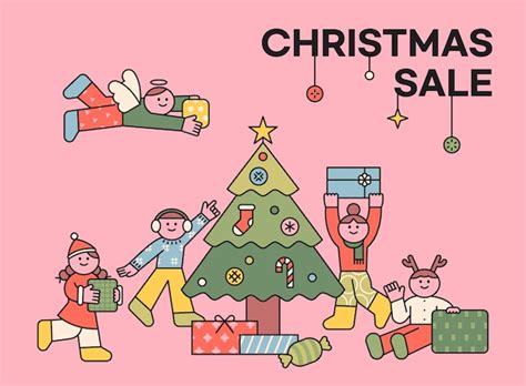크리스마스 트리를 장식하는 귀여운 아이들과 선물 상자를 여는 아이들 프리미엄 벡터
