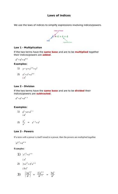 Laws Of Indices Law Multiplication If The Two Terms Have The Same Base And Are To Be Studocu